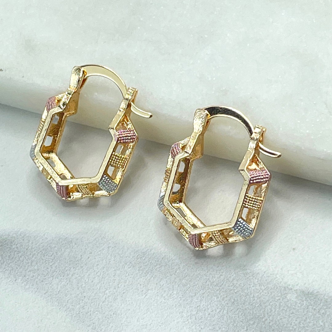 18k Gold Filled Tri Color, Tri Tone Geometric Basket Shape Design Hoops ...