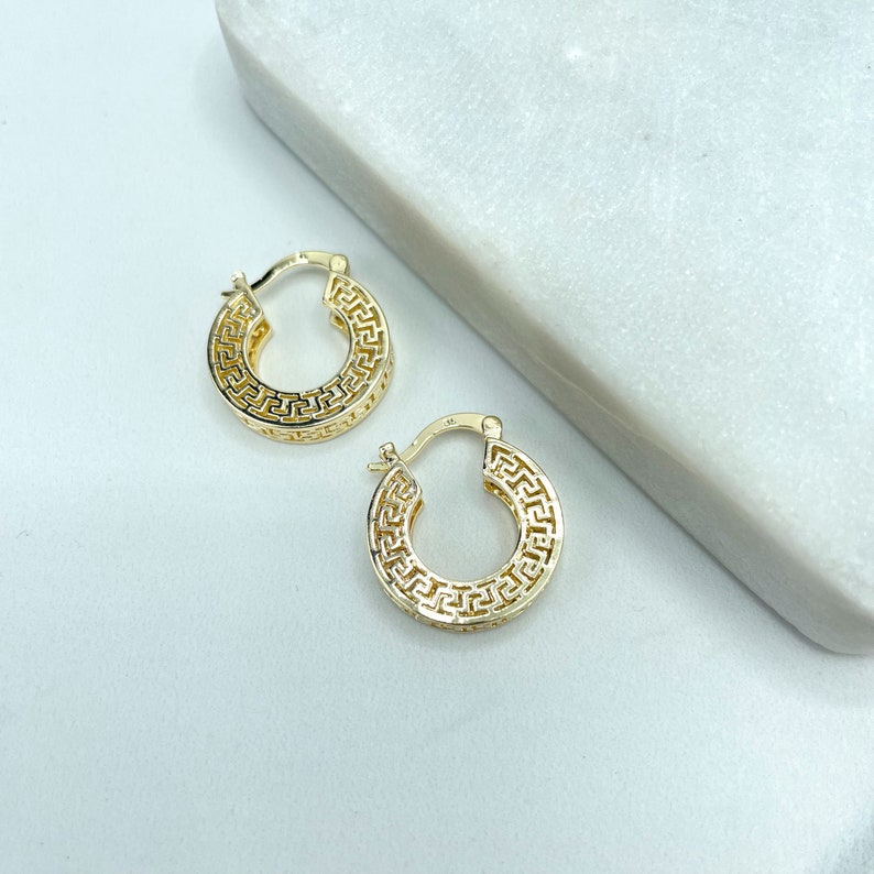 18k Gold Filled Textured Greek Key Hoops Shape Earrings, Cutout Greek ...