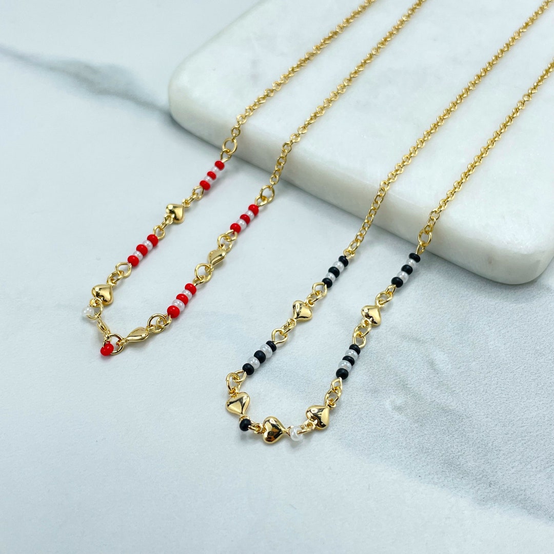 18k Gold Filled Rolo Chain Beaded With Enamel Red or Blue & Hearts ...