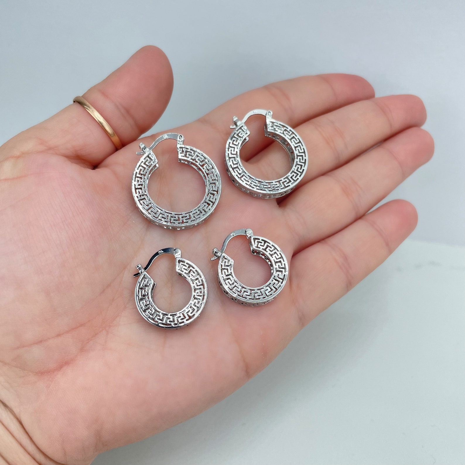 Silver Filled Textured Greek Key Hoops Shape Earrings, Cutout Greek Key ...