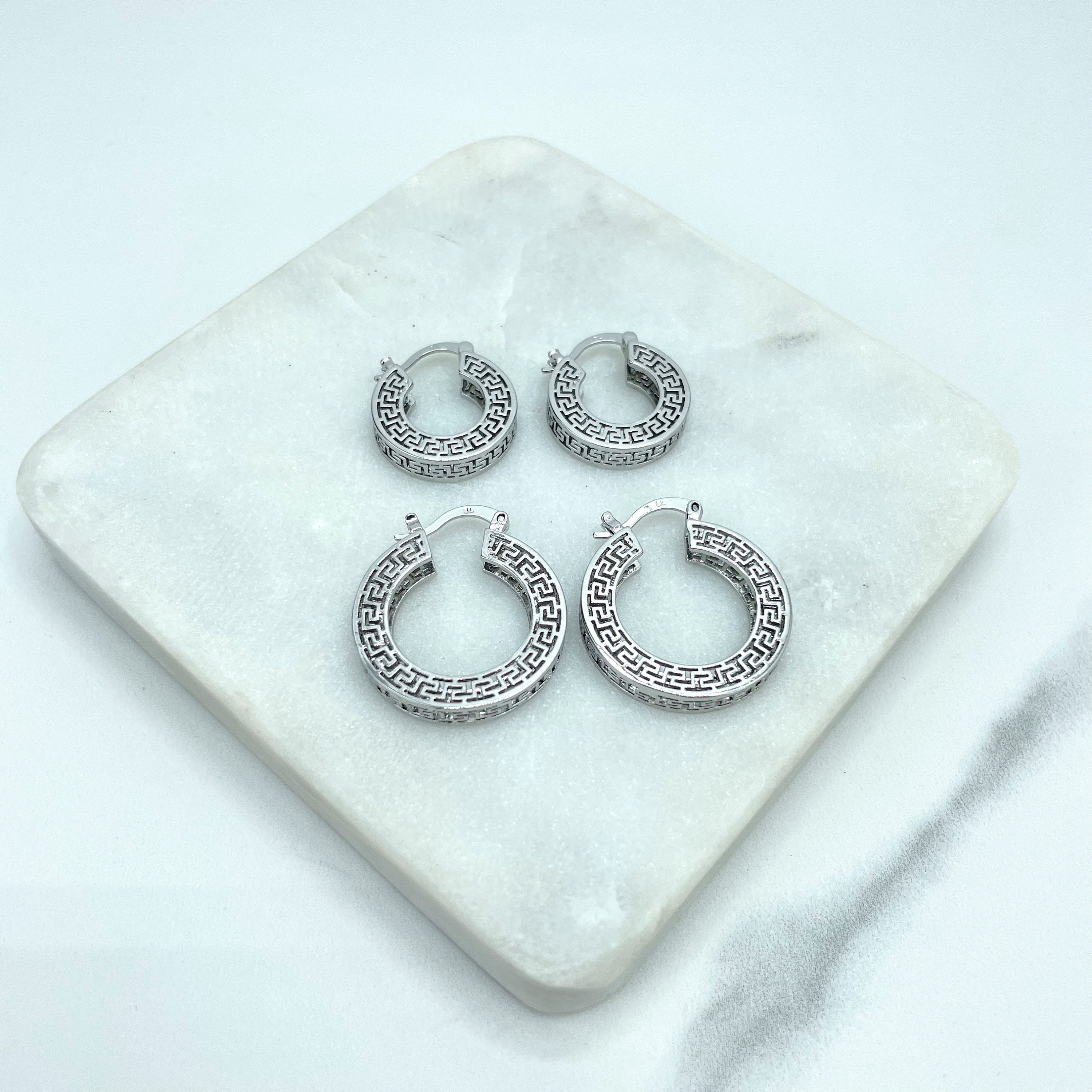 Silver Filled Textured Greek Key Hoops Shape Earrings, Cutout Greek Key ...
