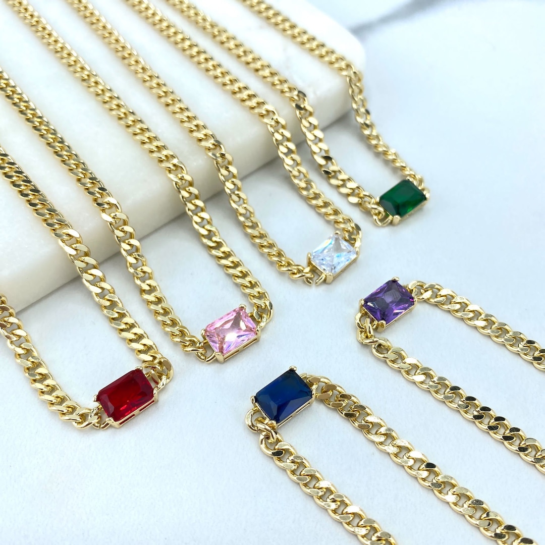 18k Gold Filled Solitaire Gemstone Flat Curb Link Chain Necklace in ...