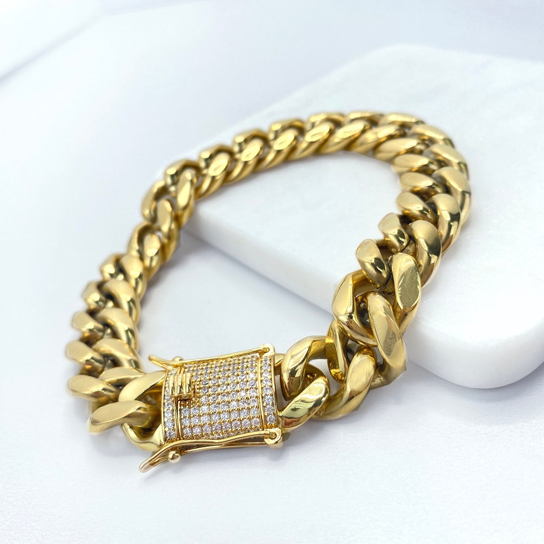 14k Gold Filled Miami Cuban Link Bracelet, 10mm, 12mm, 14mm, CZ Double ...