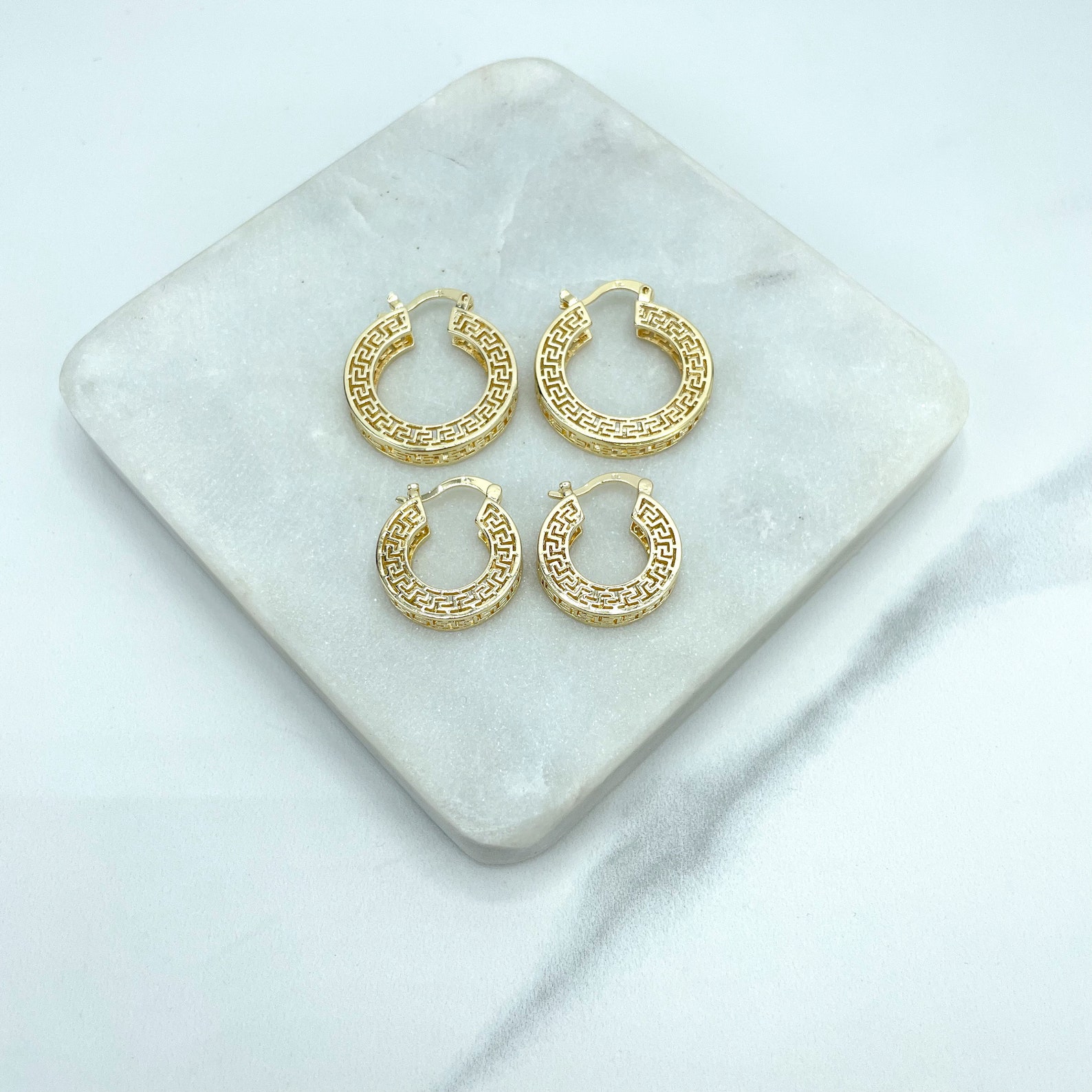 18k Gold Filled Textured Greek Key Hoops Shape Earrings, Cutout Greek ...