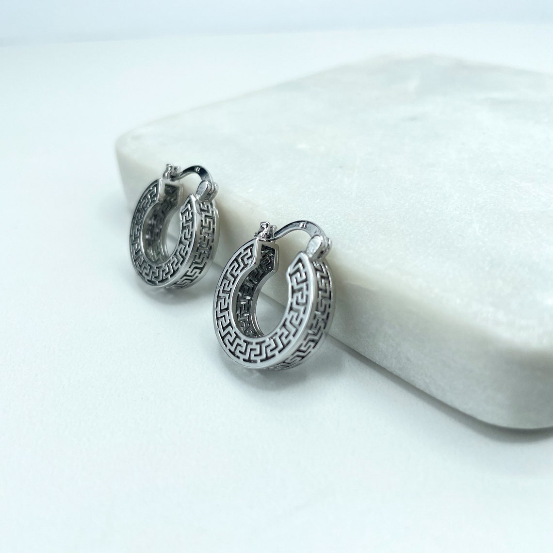 Silver Filled Textured Greek Key Hoops Shape Earrings, Cutout Greek Key ...