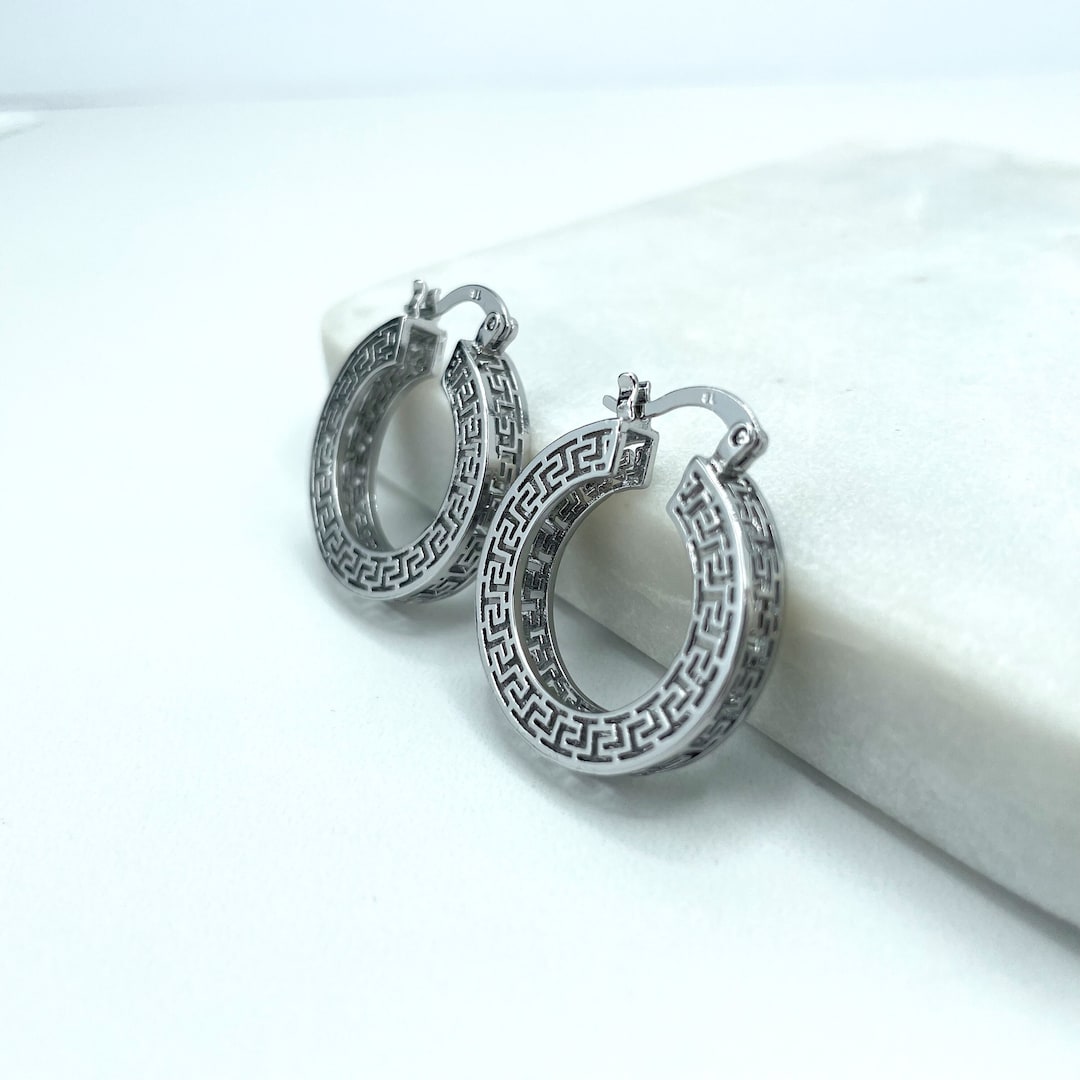 Silver Filled Textured Greek Key Hoops Shape Earrings, Cutout Greek Key ...