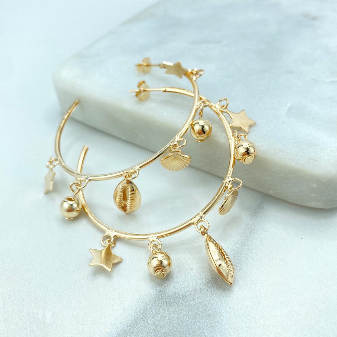 18k Gold Filled Ocean Dangle Charms Hoop Earrings, C-hoop With Star ...