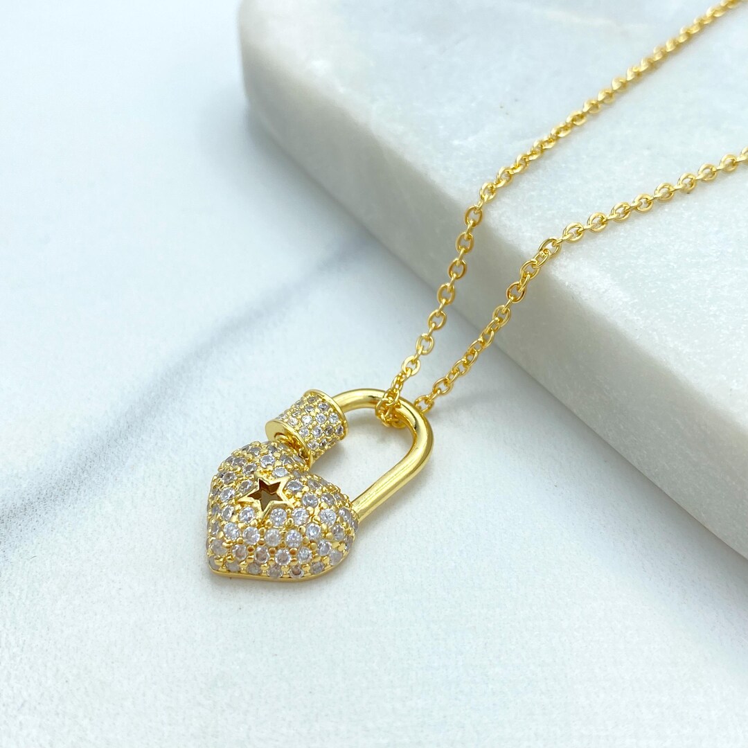 18k Gold Filled CZ Heart Padlock Key Necklace, Paperclip Chain, Symbol ...