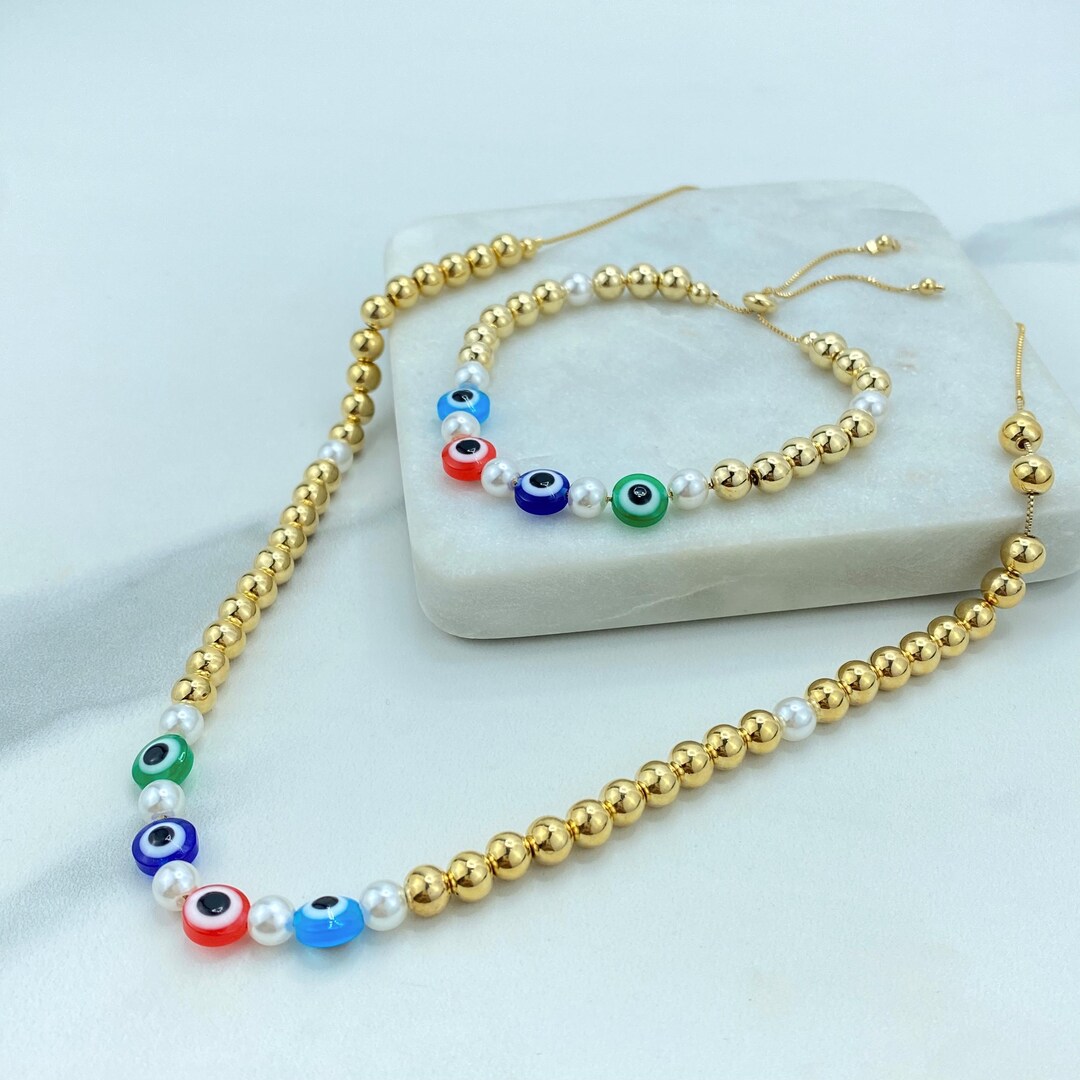 18k Gold Filled Multicolor Evil Eyes, Pearls & Gold Beads Necklace Or ...