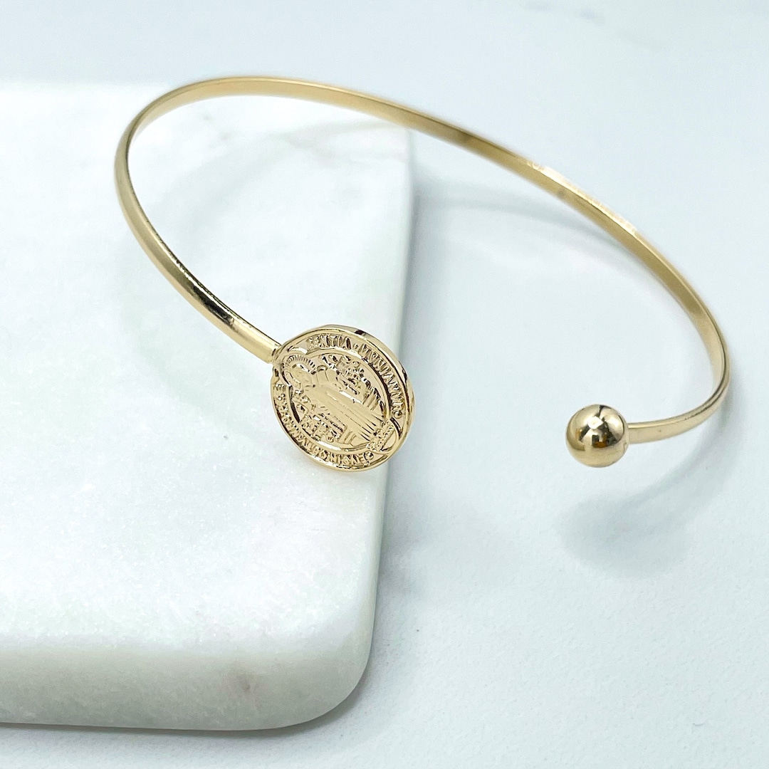 18k Gold Filled Saint Benedict Medal Coin, San Benito Coin Bangle Cuff ...
