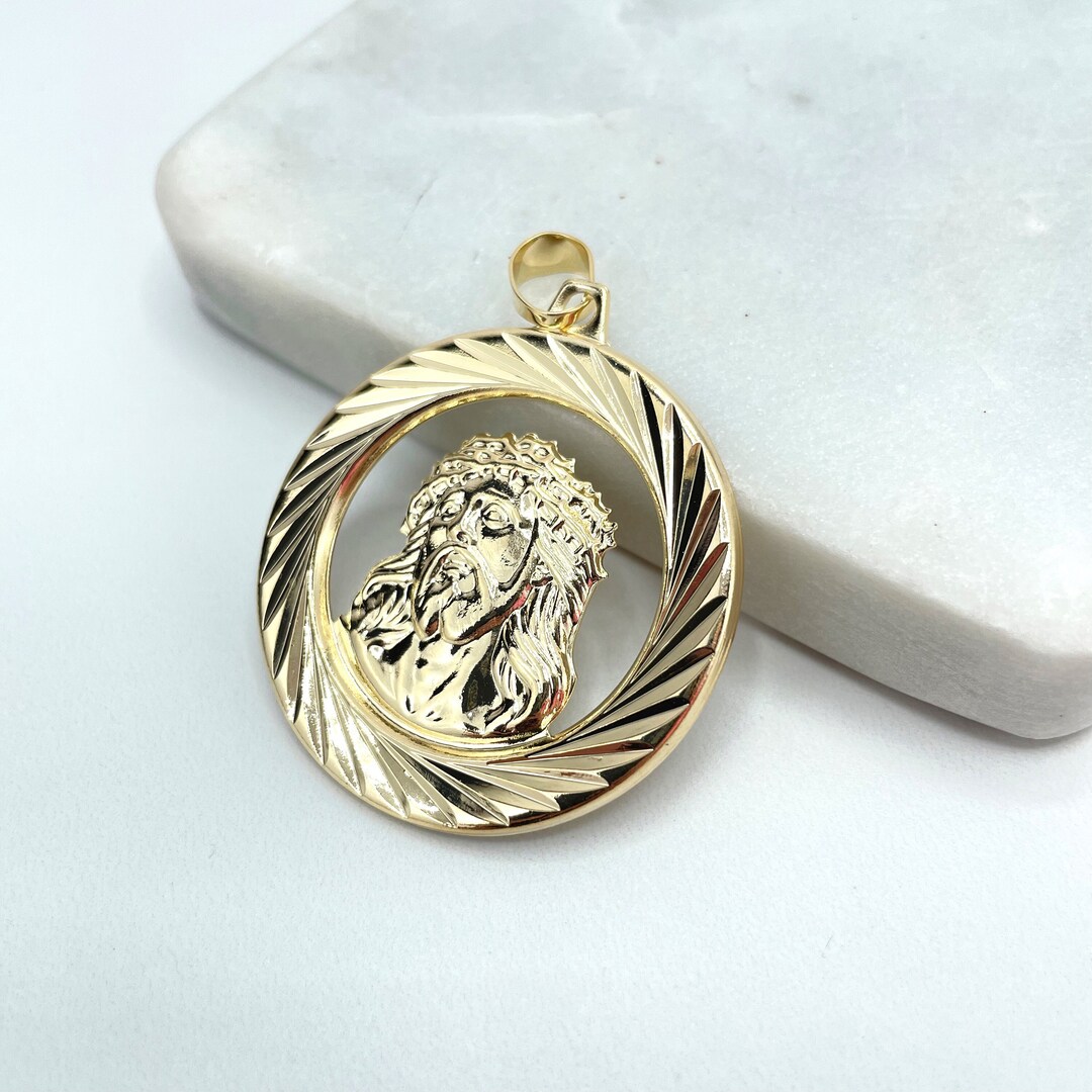 18k Gold Filled Textured & Cutout Medal Jesus Christ Face Pendant ...