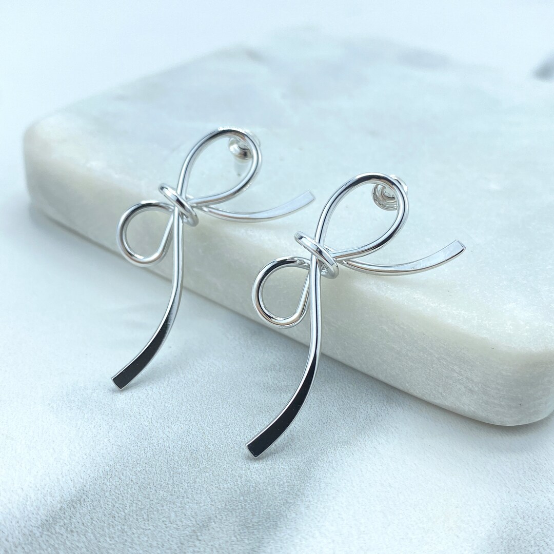 Silver Filled Ribbon Bow Shape Post Earrings, Bow Ribbon Knot Stud ...
