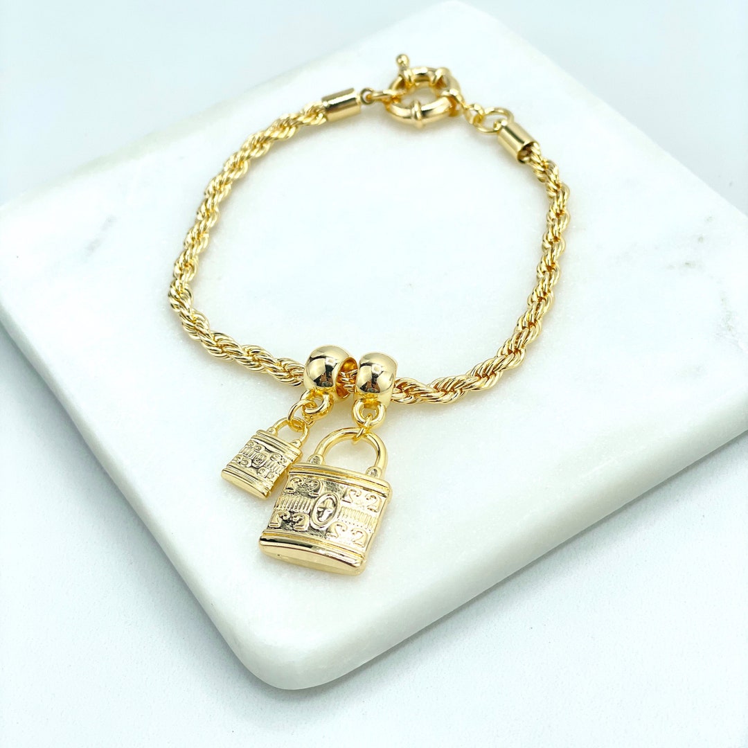 18k Gold Filled 4mm Rope Chain Bracelet, Large & Small Locks Berloques ...