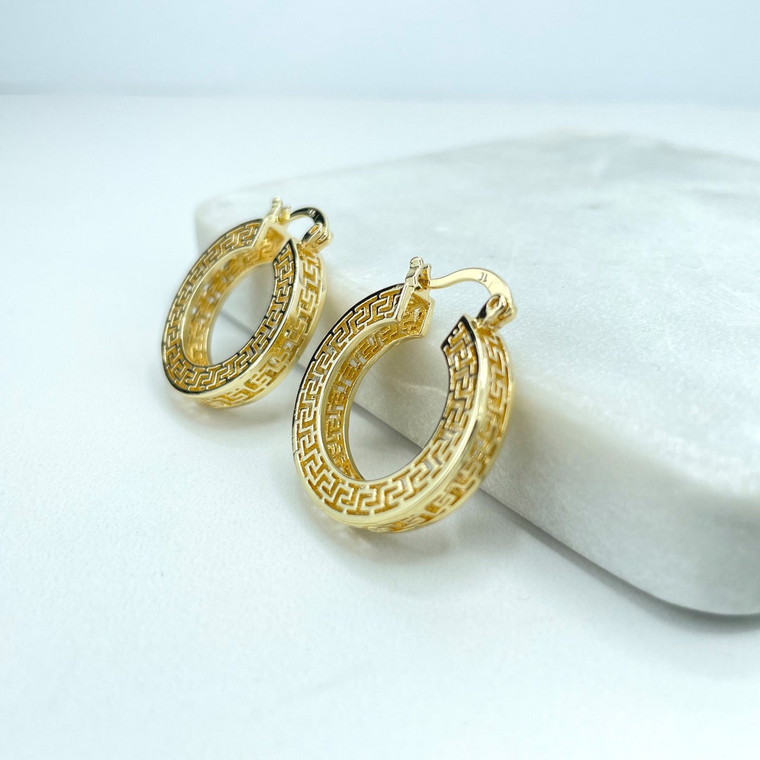 18k Gold Filled Textured Greek Key Hoops Shape Earrings, Cutout Greek ...