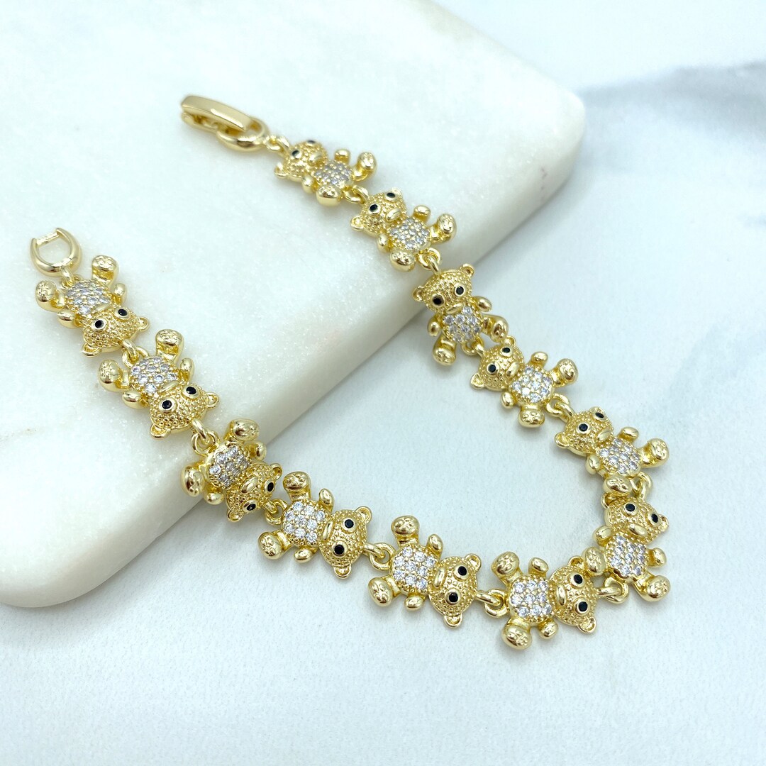 18k Gold Filled Linked Puffed Teddy Bears Shape Bracelet With Clear and ...