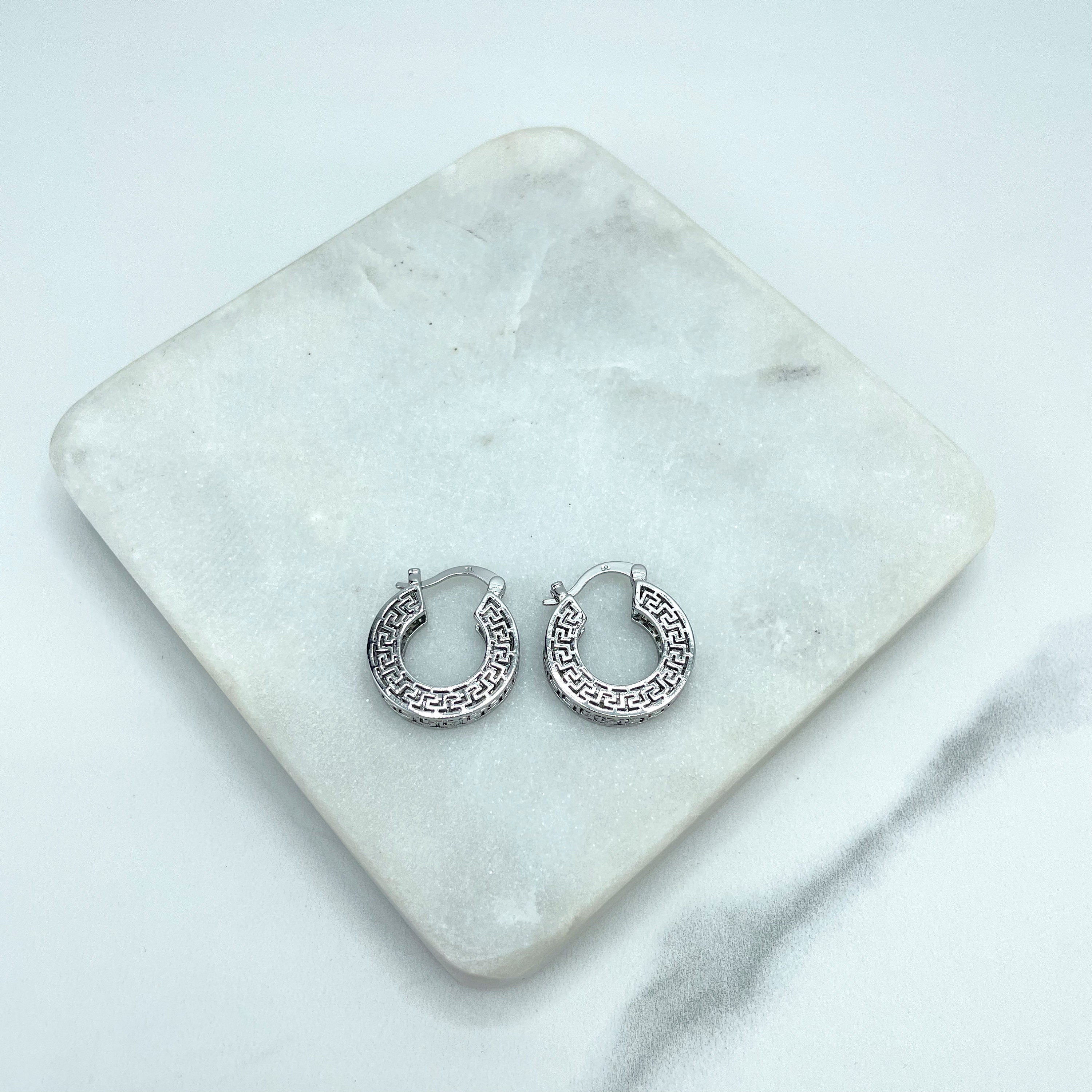 Silver Filled Textured Greek Key Hoops Shape Earrings, Cutout Greek Key ...