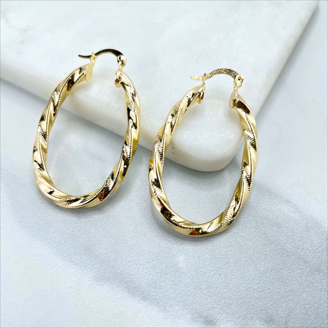 18k Gold Filled 28mm Twisted & Texturized Oval Design Hoops Earrings ...