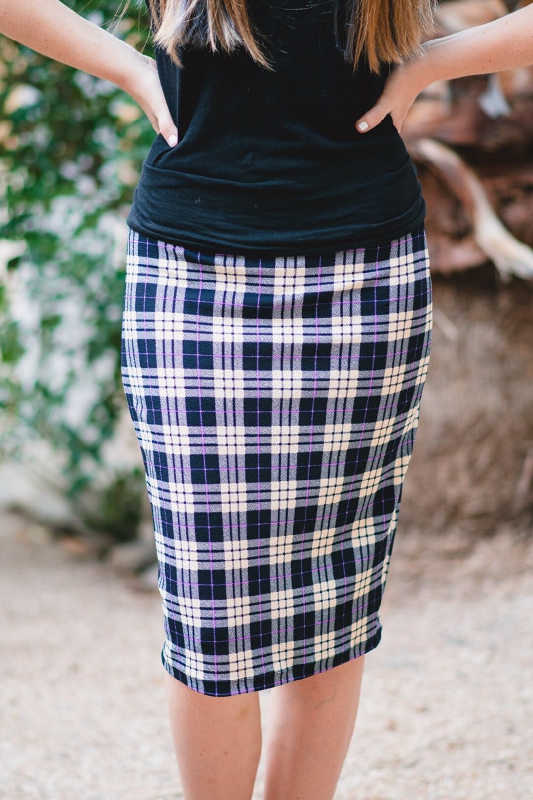 Cream, Navy and Purple Plaid Pencil Skirt Classic Style Stretch Knit ...