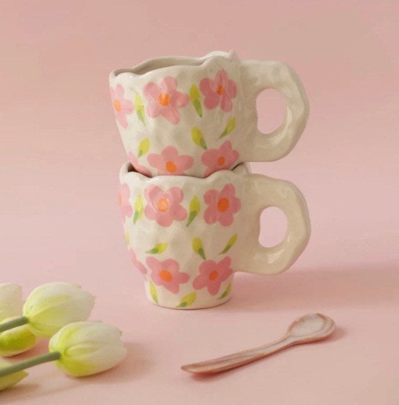 Adorable Floral Ceramic Mugs Wonky Pink/ Cream Summer Handmade - Etsy UK