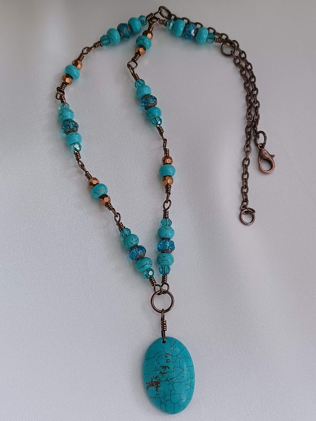 Turquoise Wire-wrap Necklace, 18-inch Wagnerite Czech Glass & Crystals ...