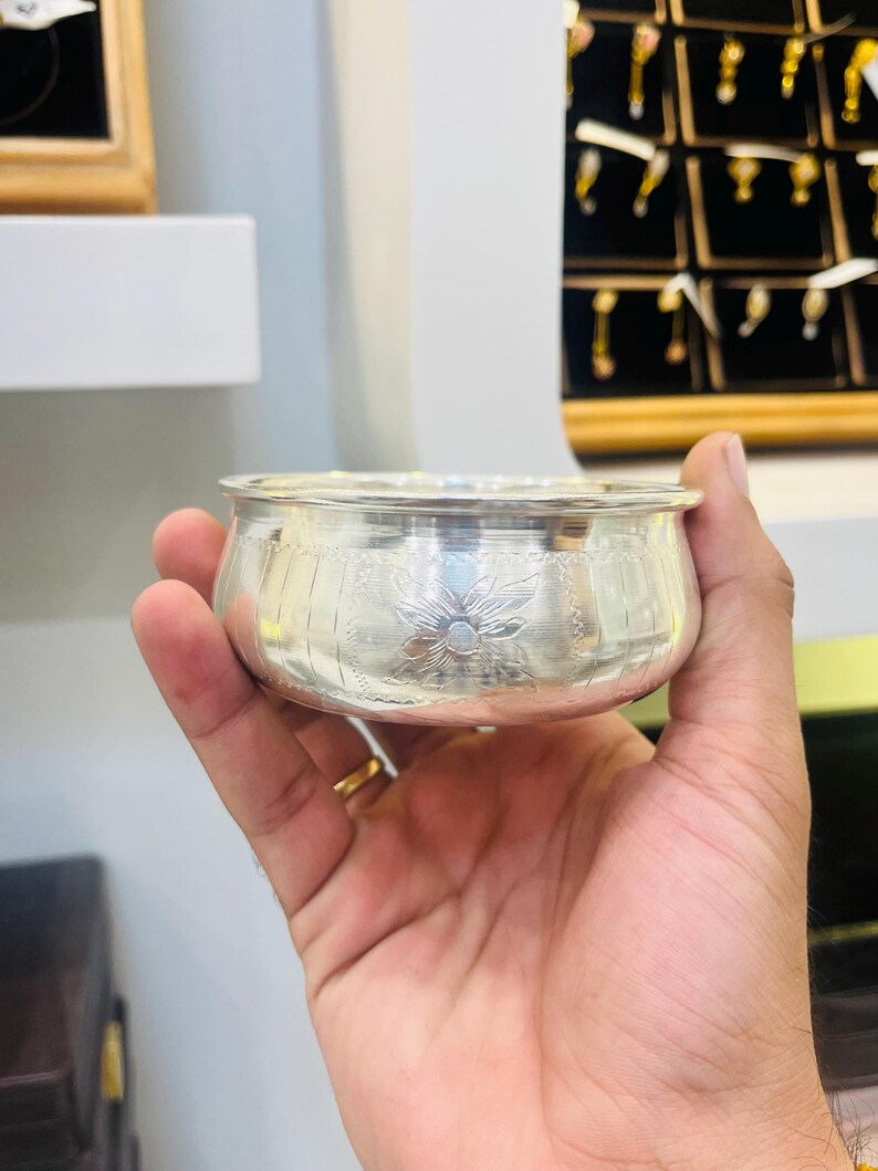 Handcrafted Pure Silver Bowl With Floral Engraving Traditional Indian ...
