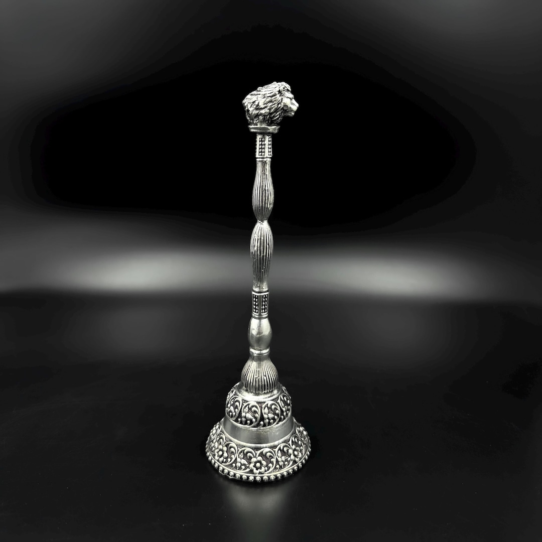 Sterling Silver Lion Head Pooja Bell: Handcrafted Indian Temple Ghanti ...