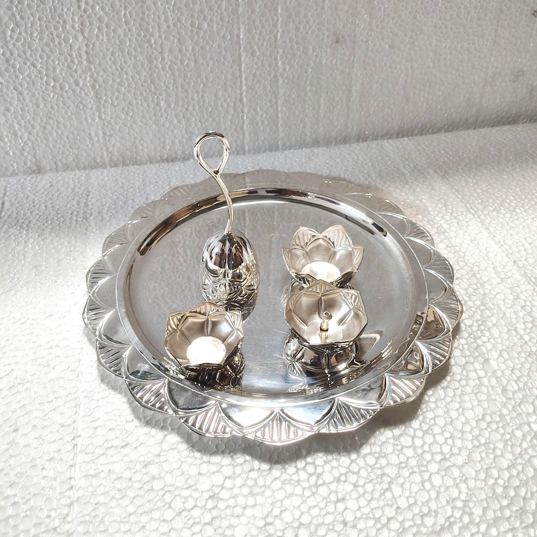 925 Silver Lotus Pooja Thali Set | Pure Silver Puja Plate With Diya ...