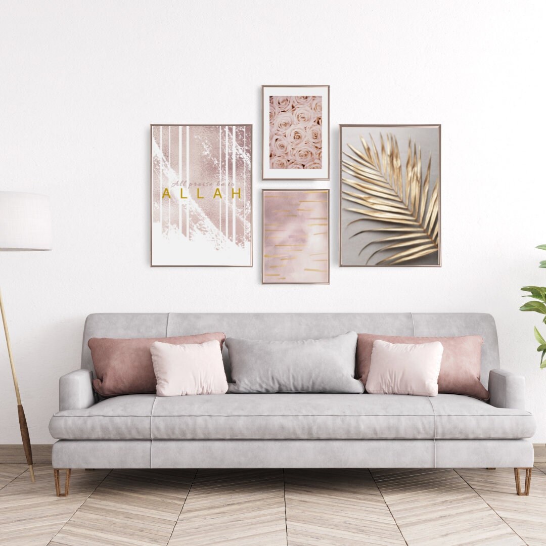 Set of 4 Pink and Gold Islamic Wall Art Prints Praise Be to Allah ...