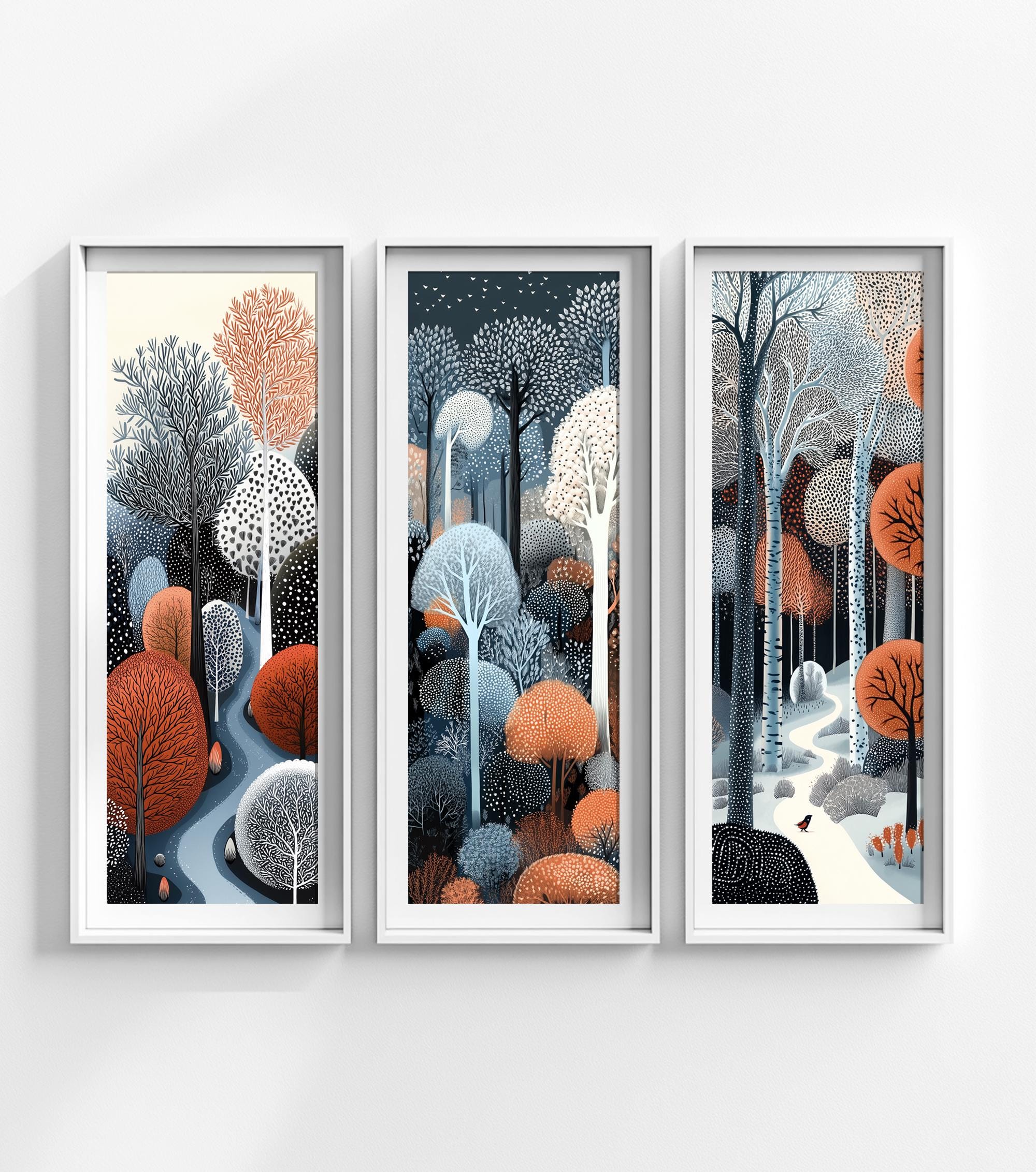 Abstract Tree Art Prints, Forest Art Prints, Set of 3, 12x36 Long ...