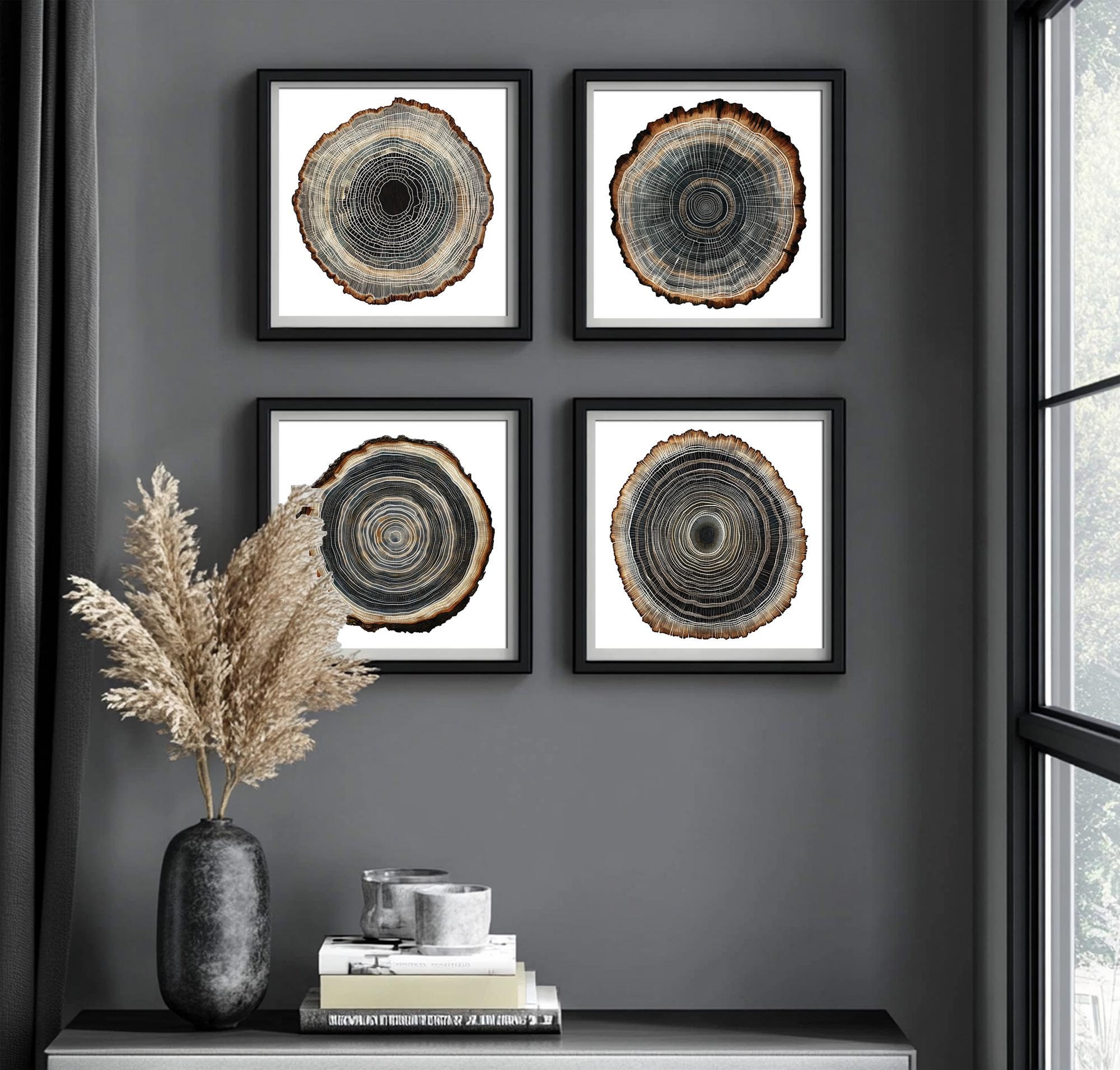 Abstract Tree Ring Art Prints, Set of 4, Tree Ring Prints, Tree Stump ...