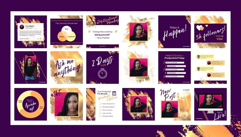 18 Instagram Post Templates Purple Gold Social Media IG Engagement ...