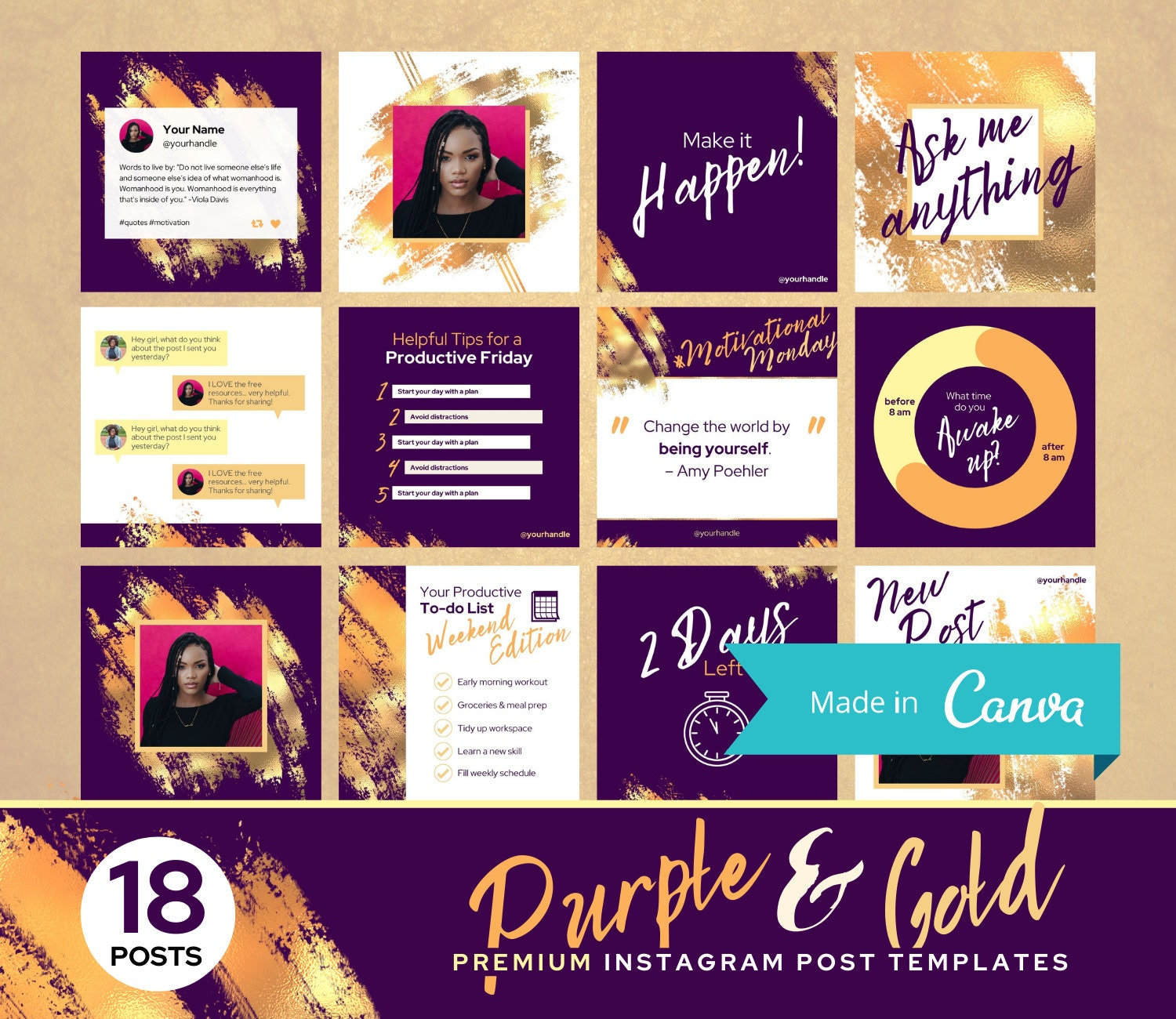 18 Instagram Post Templates Purple Gold Social Media IG Engagement ...