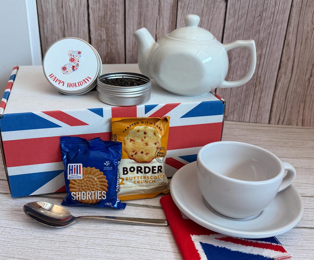 Teapot Gift Set: Teapot, Cup & Saucer, Biscuits, Tin of Tea, Teaspoon ...
