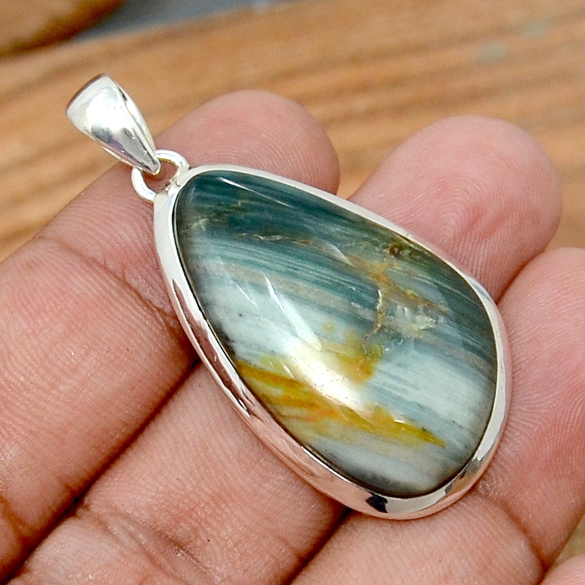 Larsonite Jasper Pendant, Gary Green Jasper Pendant, Larsonite Silver ...