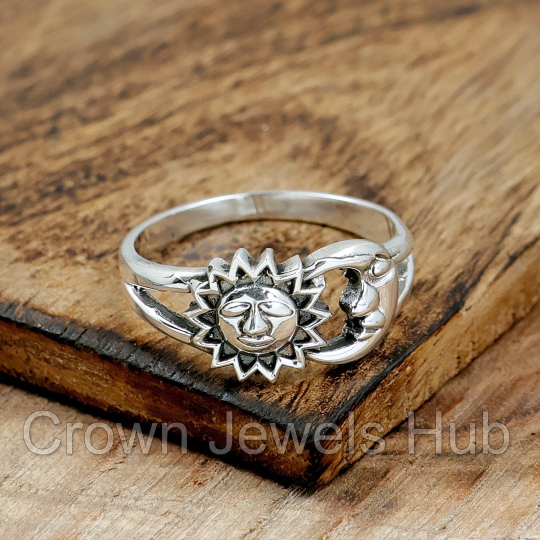 Sun and Moon Ring, Crescent Moon and Sun Ring, 925 Sterling Silver Ring ...