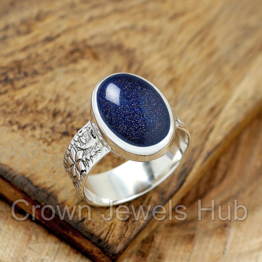 Blue Goldstone Ring, 925 Sterling Silver Ring, Handmade Ring, Statement Ring, Designer Band Ring ...