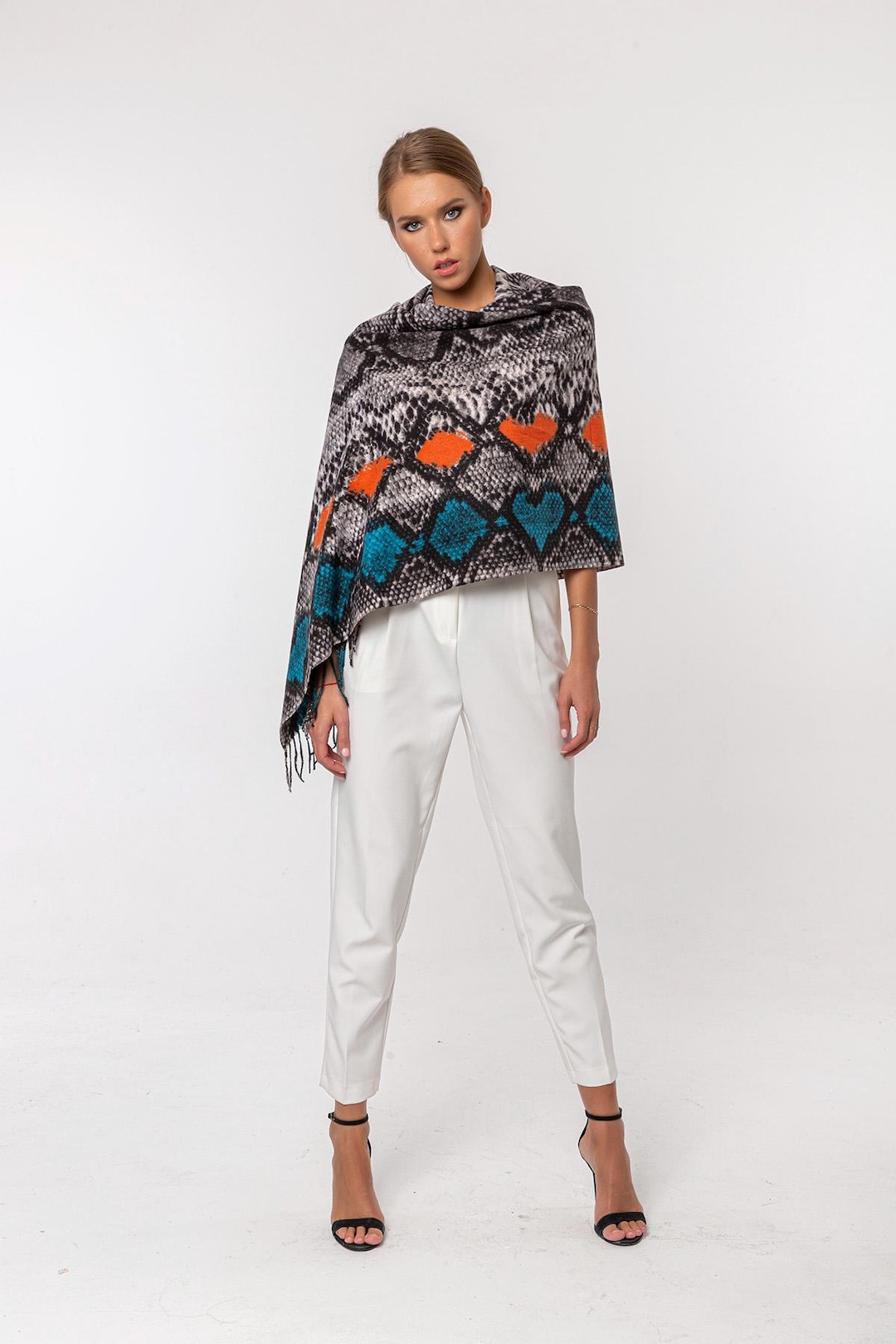 Blue and Orange Snake Skin Design Shawl Very Soft Cashmere & Silk ...