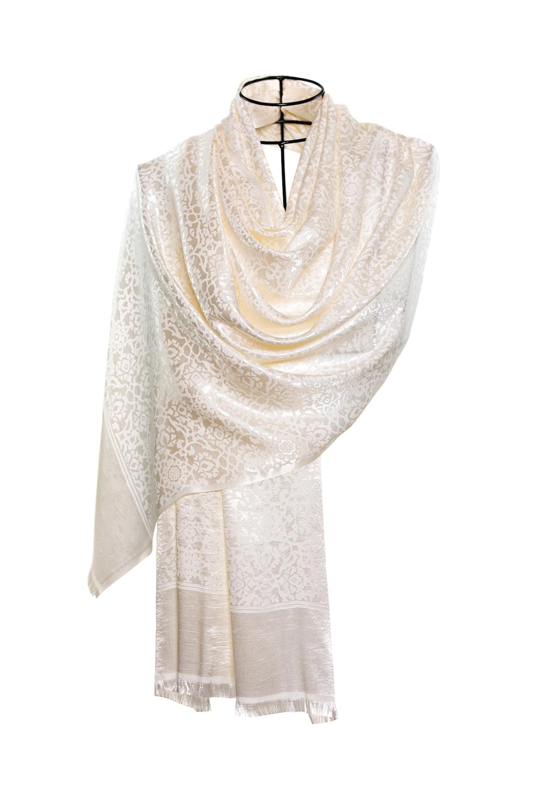 Shiny Metallic off White Pure Silk Beautiful Shawl for Gift, Mandala ...