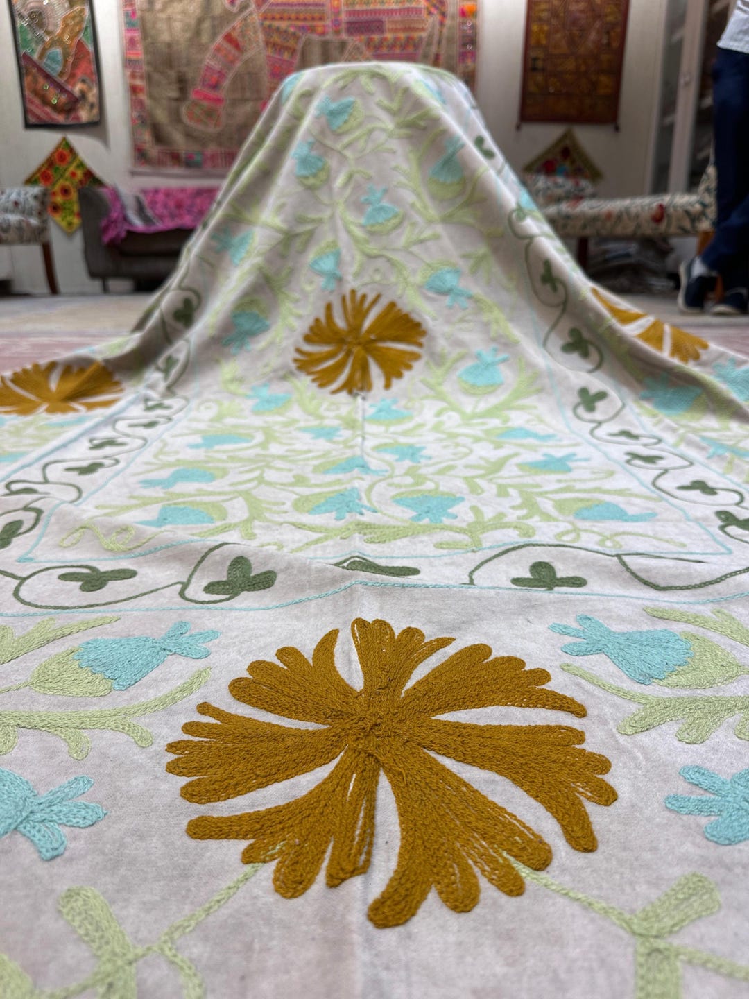 Indian Velvet Suzani Blanket Throwgreen Embroidered Uzbek Bedspread - Etsy