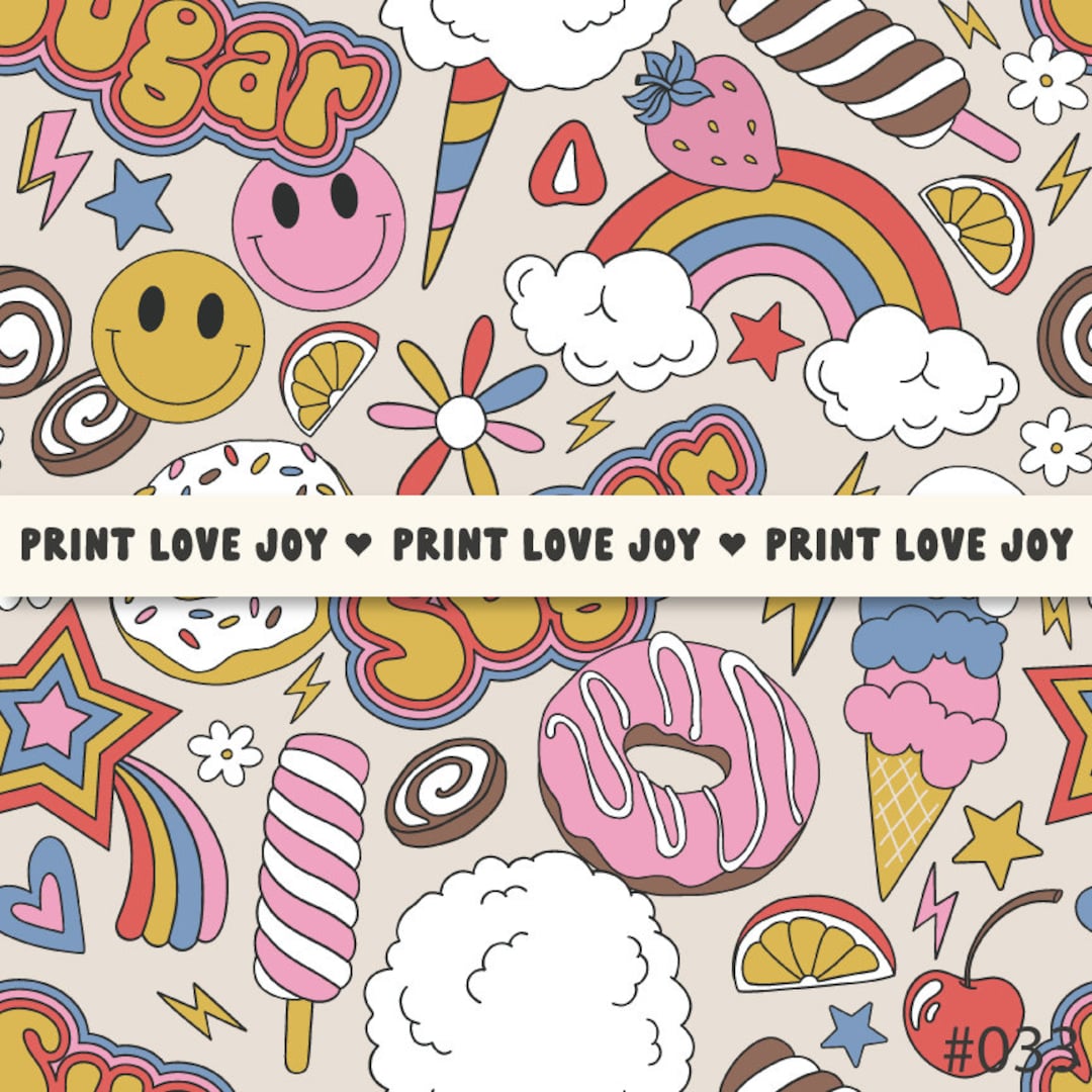 Retro Groovy 70s Sugar Sweets Donuts Ice Cream Fruits Berries Smiley ...