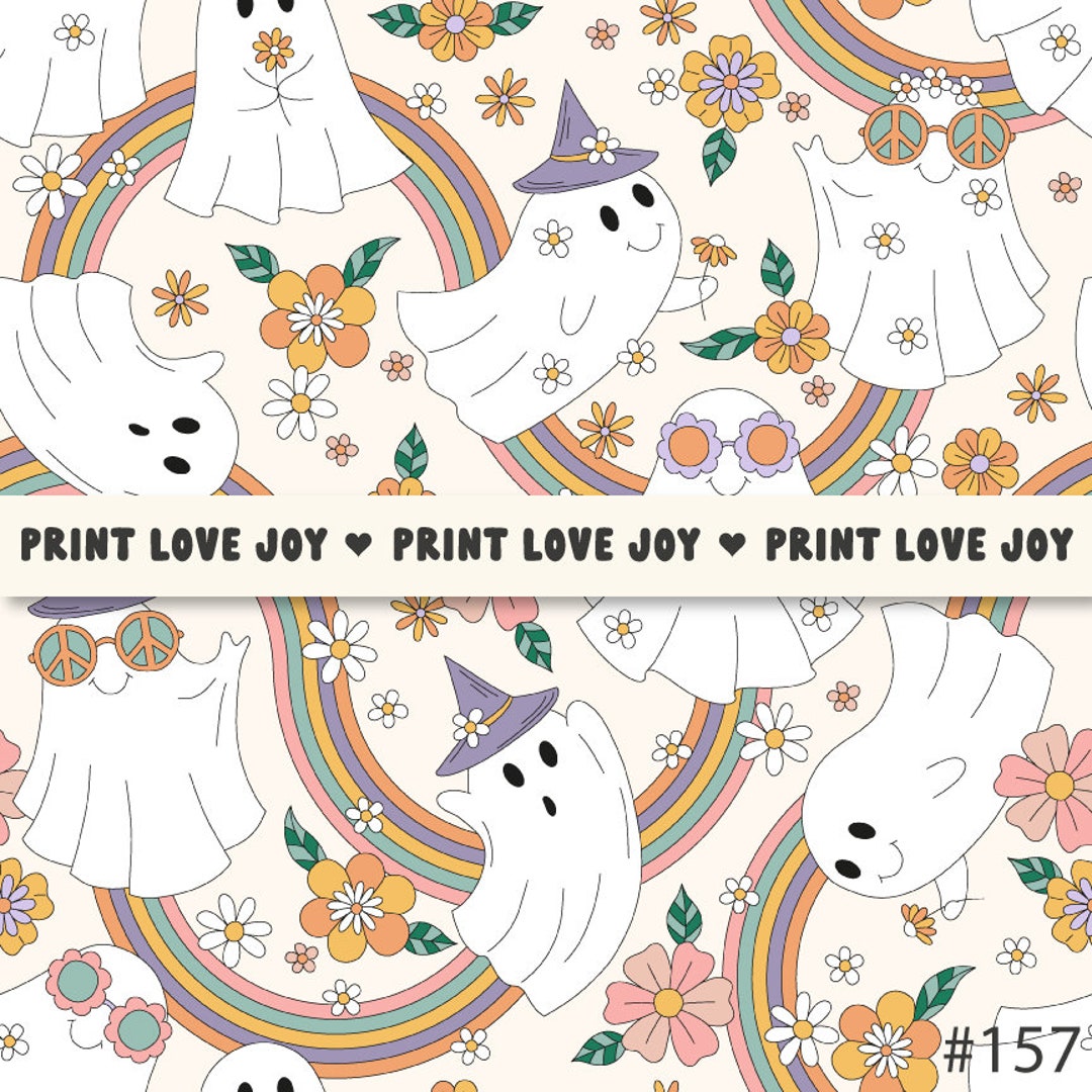 Retro 70s 60s Hippie Groovy Halloween Ghost Flower Rainbow Seamless ...