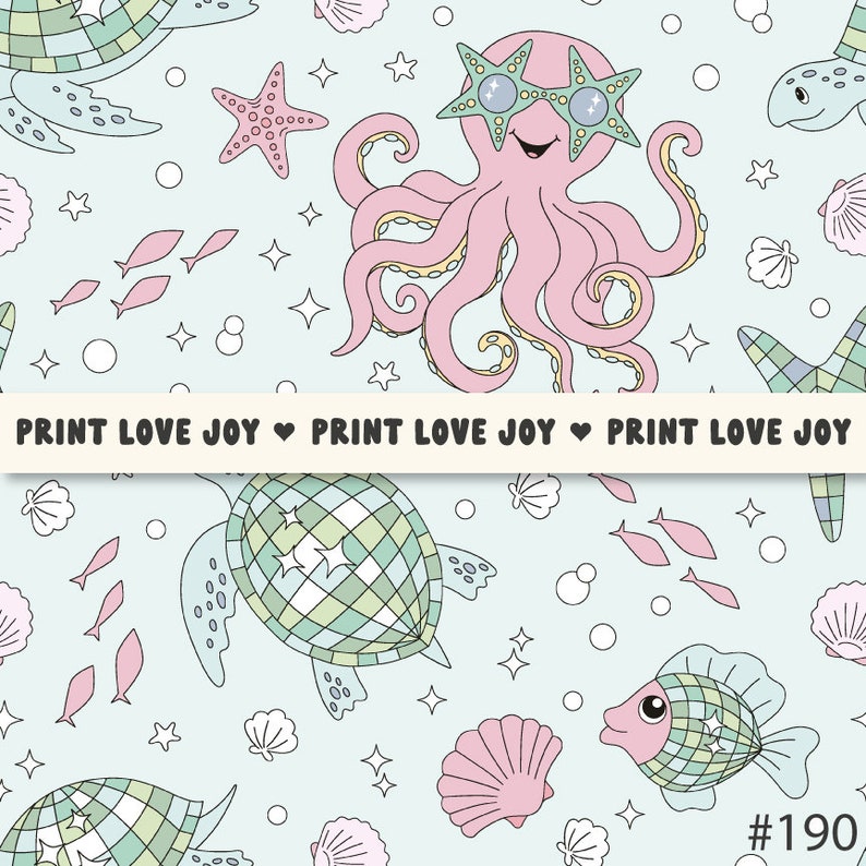 Disco Turtle Octopus Sea Star Shells Fish Groovy Underwater Seamless ...