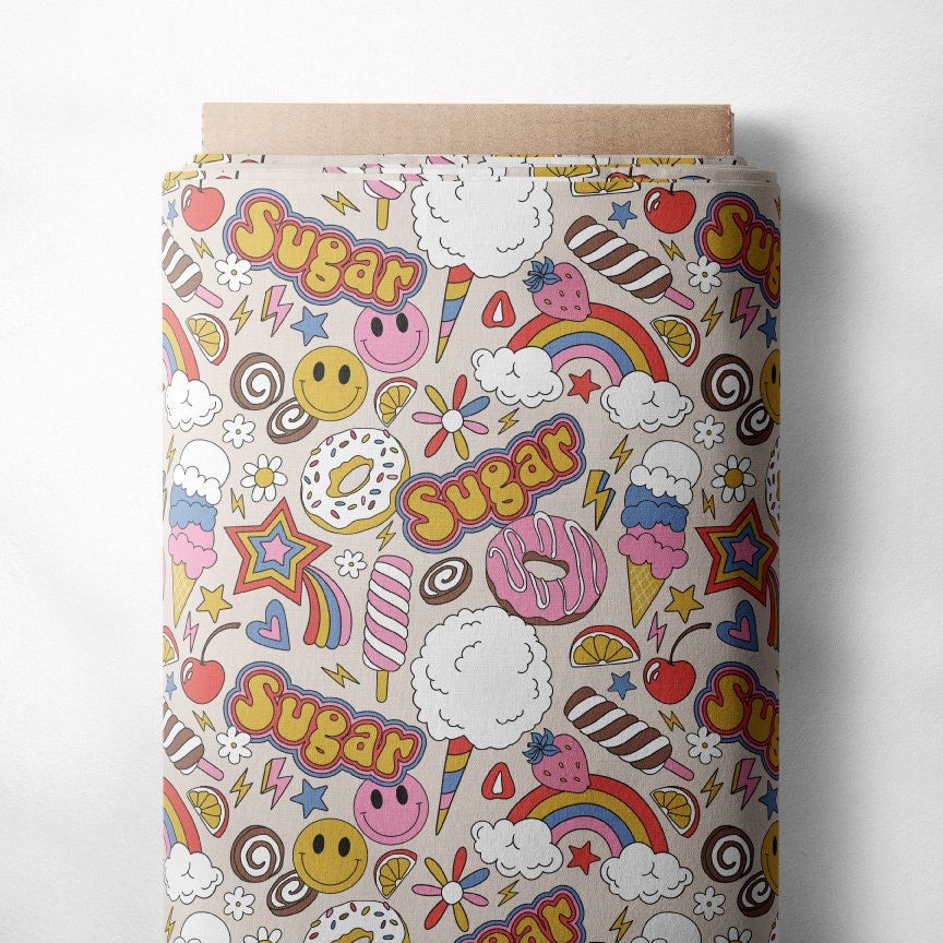 Retro Groovy 70s Sugar Sweets Donuts Ice Cream Fruits Berries Smiley ...