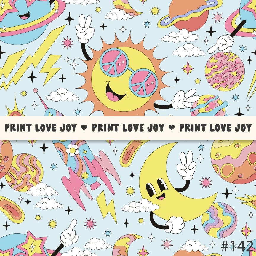 Retro Groovy Hippie Galaxy Cute Cartoon Moon Sun Saturn Character in ...