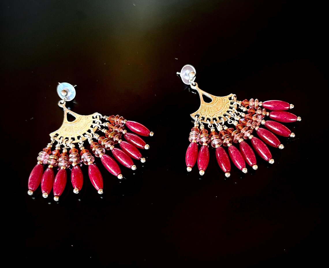 ROX Etched Pewter Chandelier Earrings, Ruby Jade & Vintage Glass Beads ...
