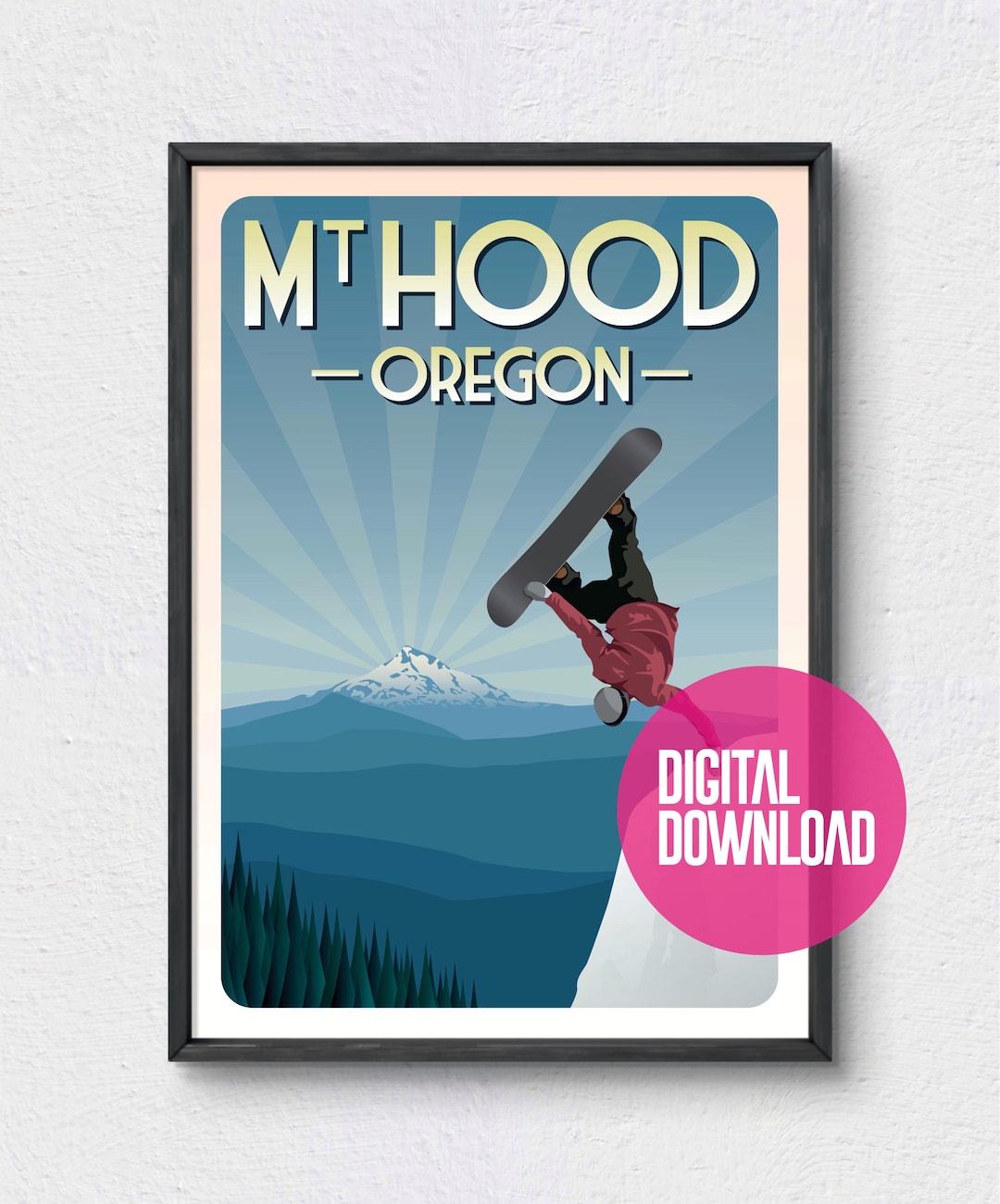 Mt Hood Oregon Resort Vintage Art Deco Snowboard Poster DIGITAL ...