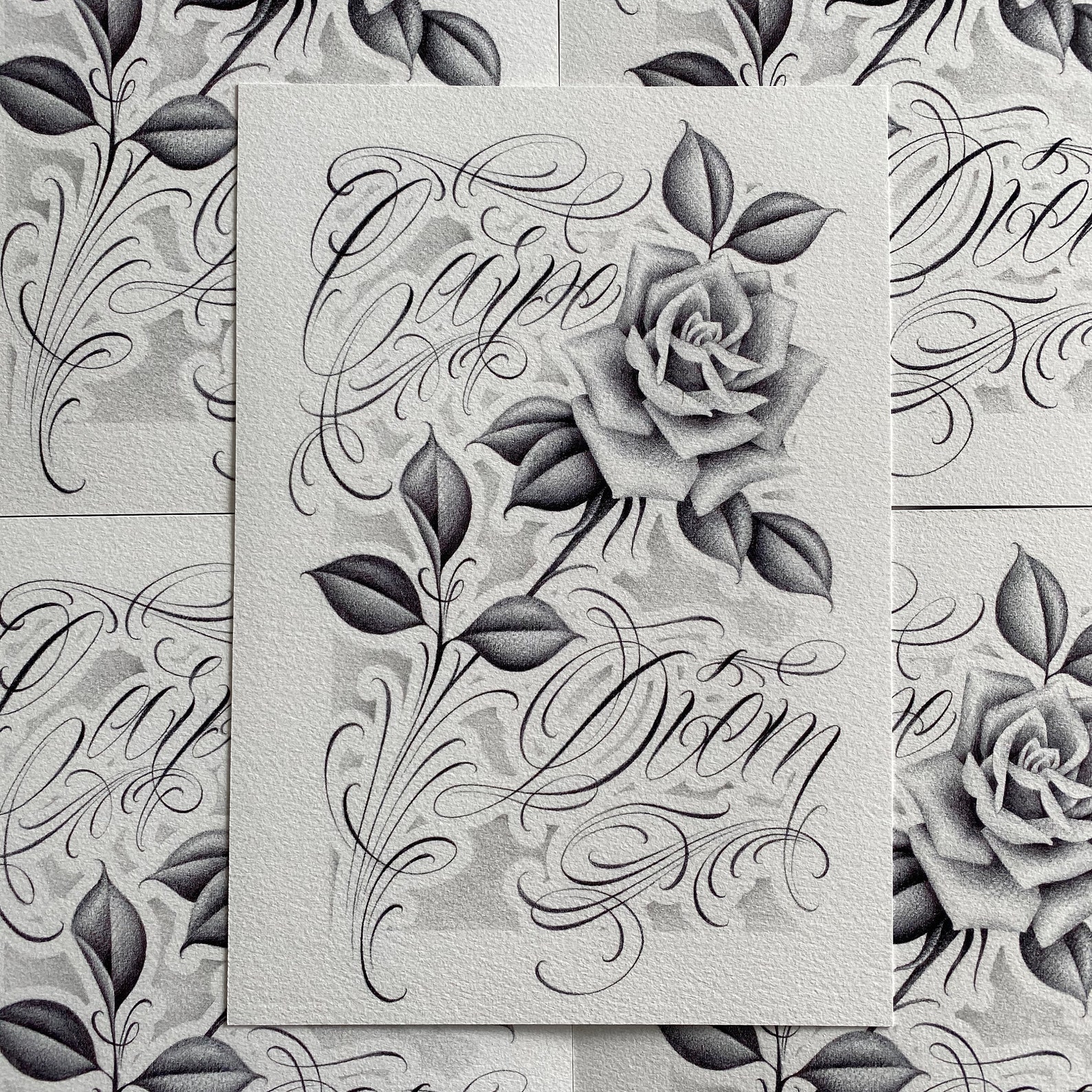 A4 Rose Tattoo Art Print Biro Graphite Drawing Carpe Diem Quote 310gsm ...