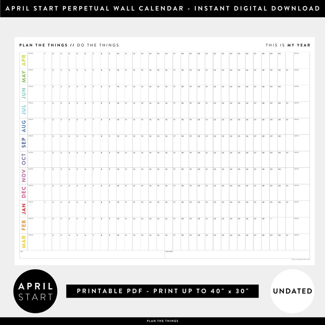 PRINTABLE April Start Perpetual / Forever Wall Calendar Digital PDF ...