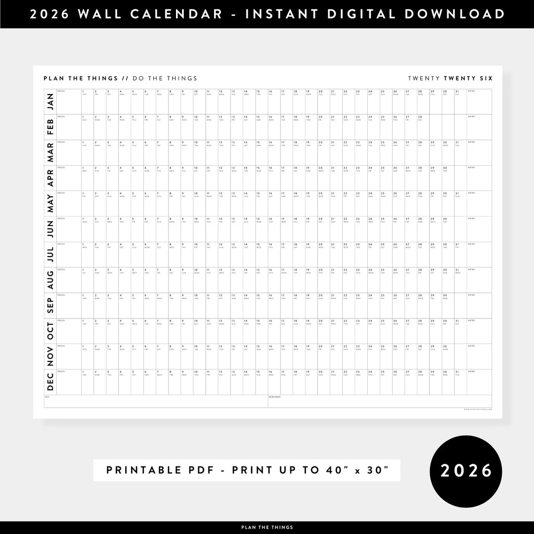 PRINTABLE 2026 Wall Calendar | Digital PDF Instant Download | 2026 Wall ...