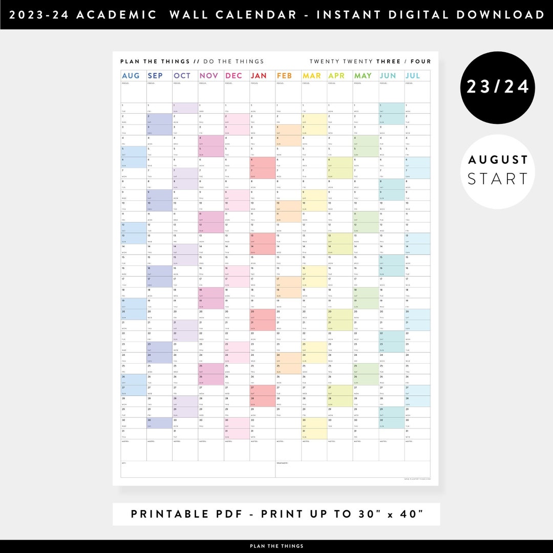 PRINTABLE 2023 2024 August Start Academic Wall Calendar - Etsy Portugal